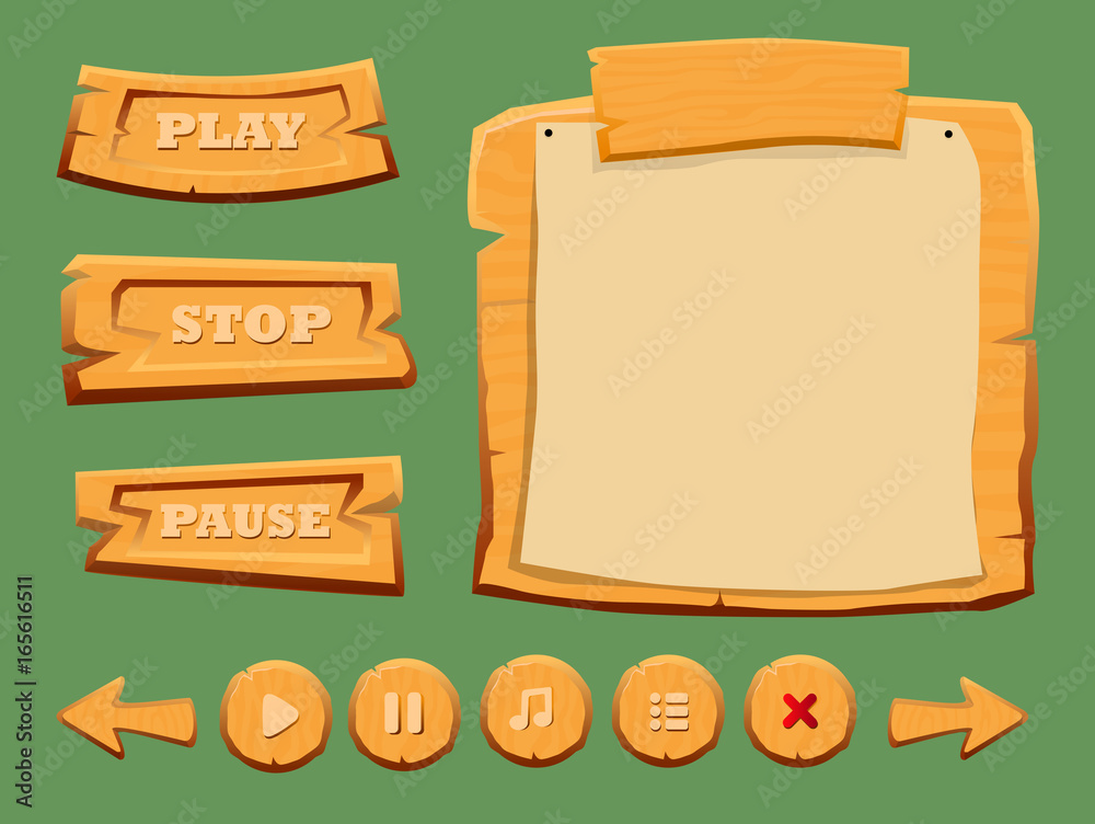 Game Wooden Interface Elements Set Stock Vector | Adobe Stock