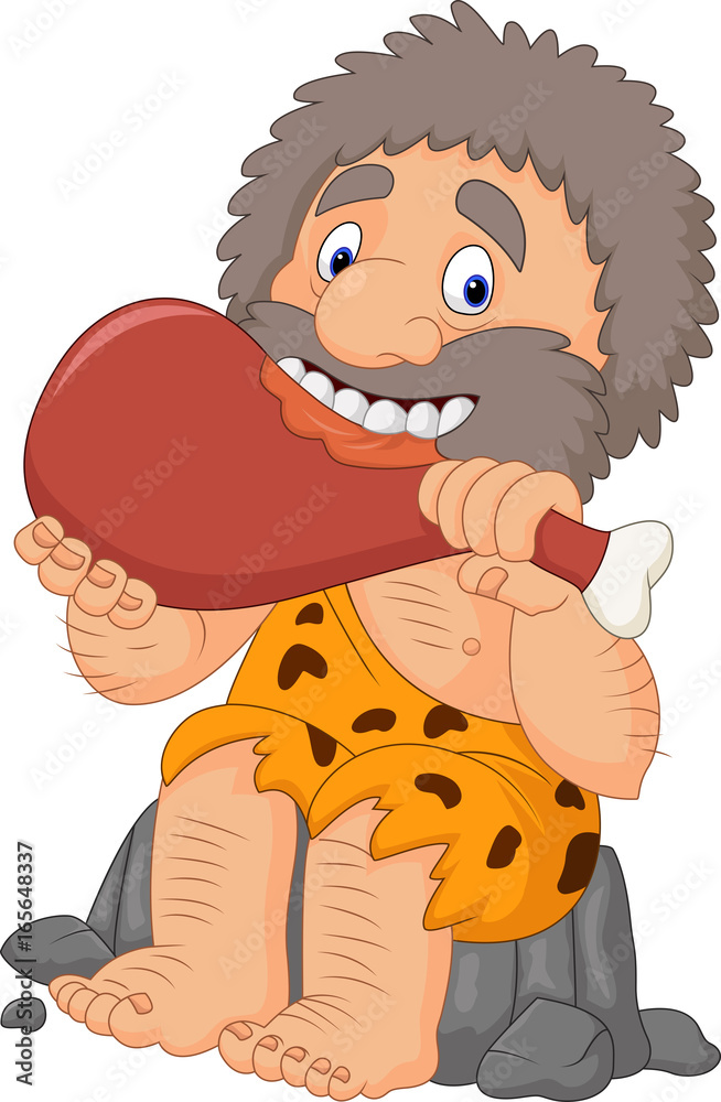 Cartoon caveman eating meat Stock Vector | Adobe Stock