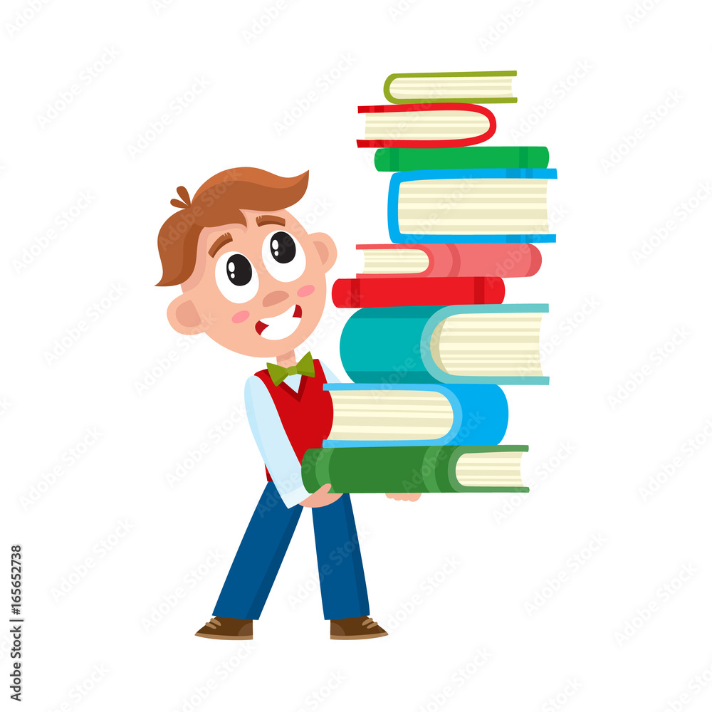 School boy holding, carrying huge stack, pile of book, cartoon vector ...