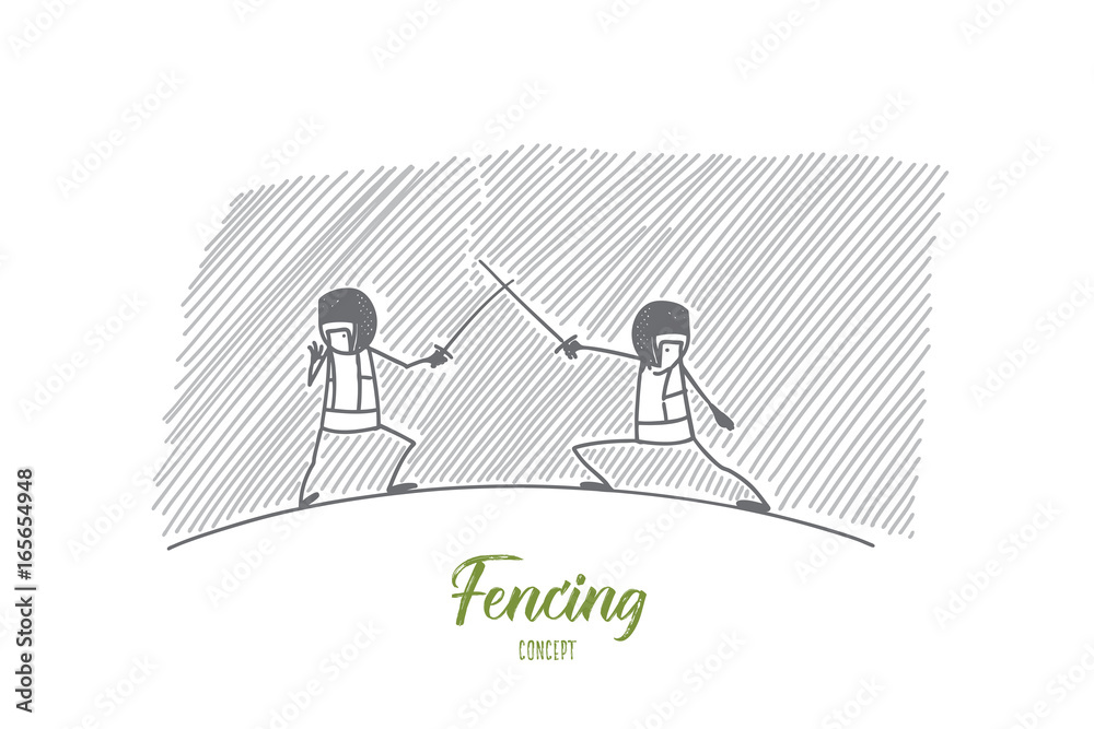 Fencing concept. Hand drawn fencing players on ring. Two fencers attack ...