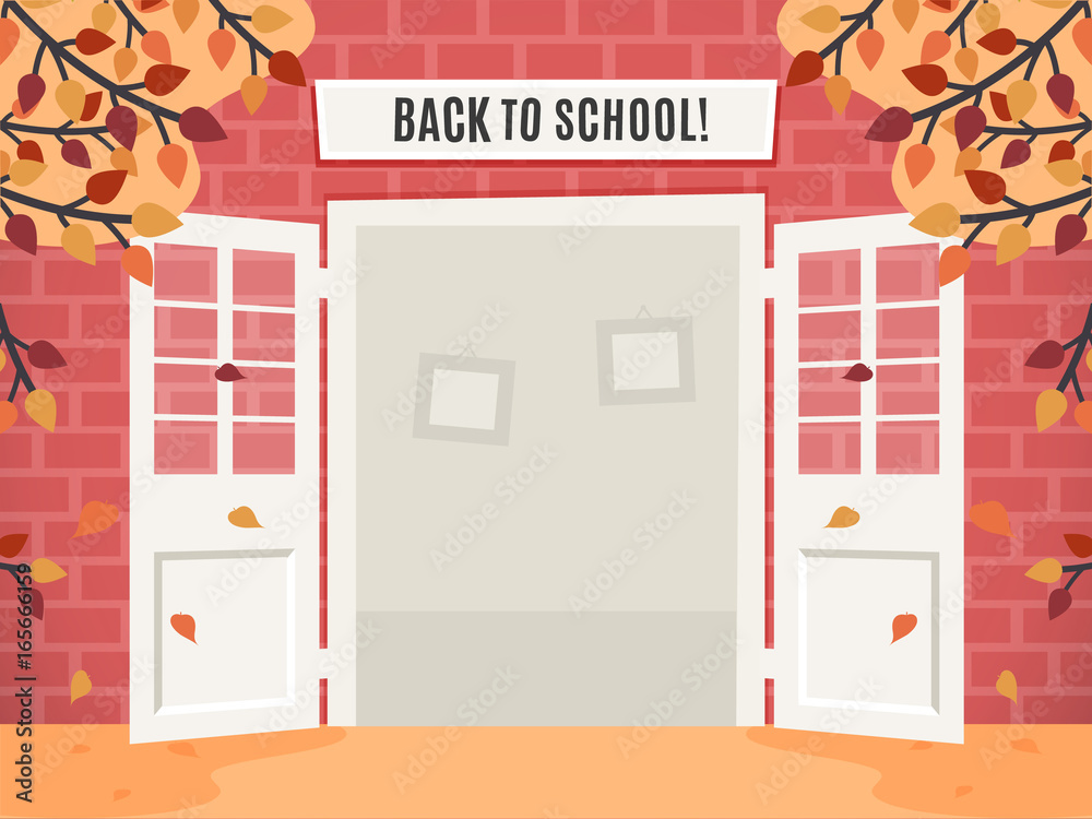 Back to School Background with Open School Doors and Autumn Tree ...