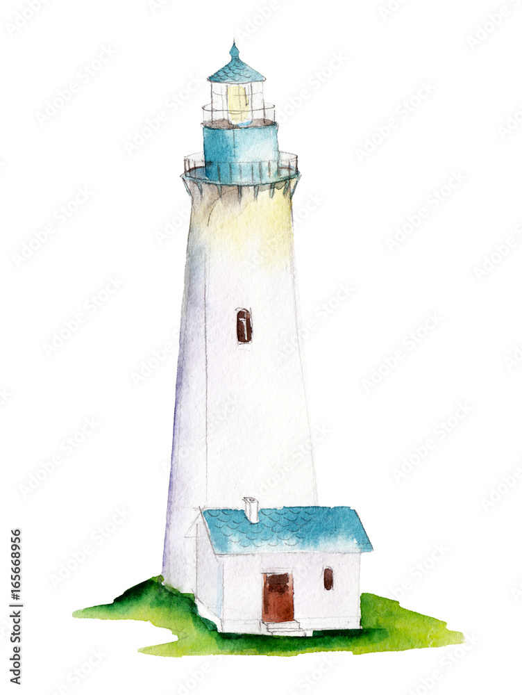 Watercolor beacon isolated on white background, hand drawn illustration ...