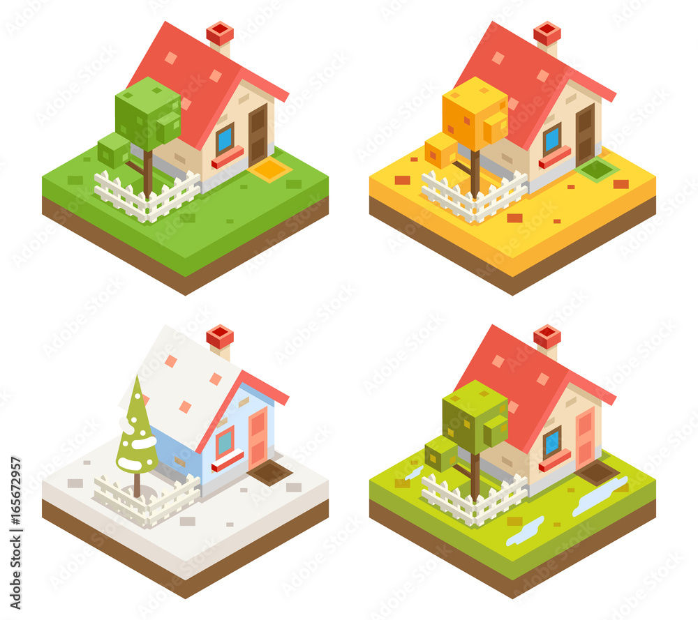 Isometric House 3d Icon Real Estate Symbol Meadow Season 3d isometric ...