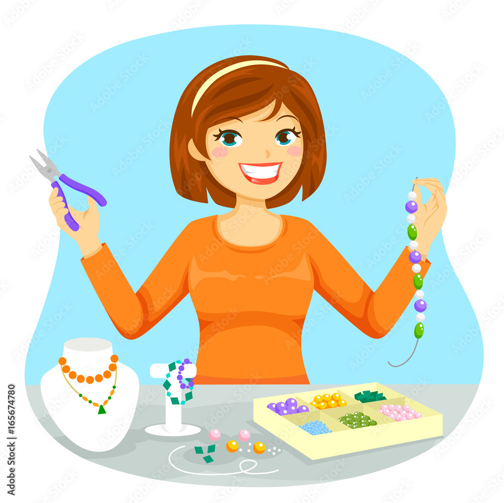 Young woman making jewelry from beads Stock Vector | Adobe Stock