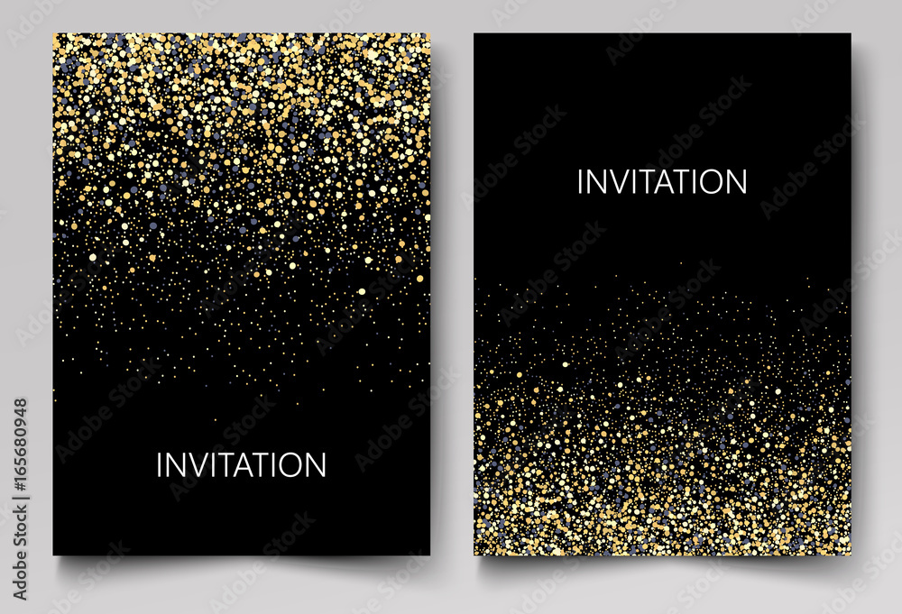 Invitation template with gold glitter confetti background. Festive ...