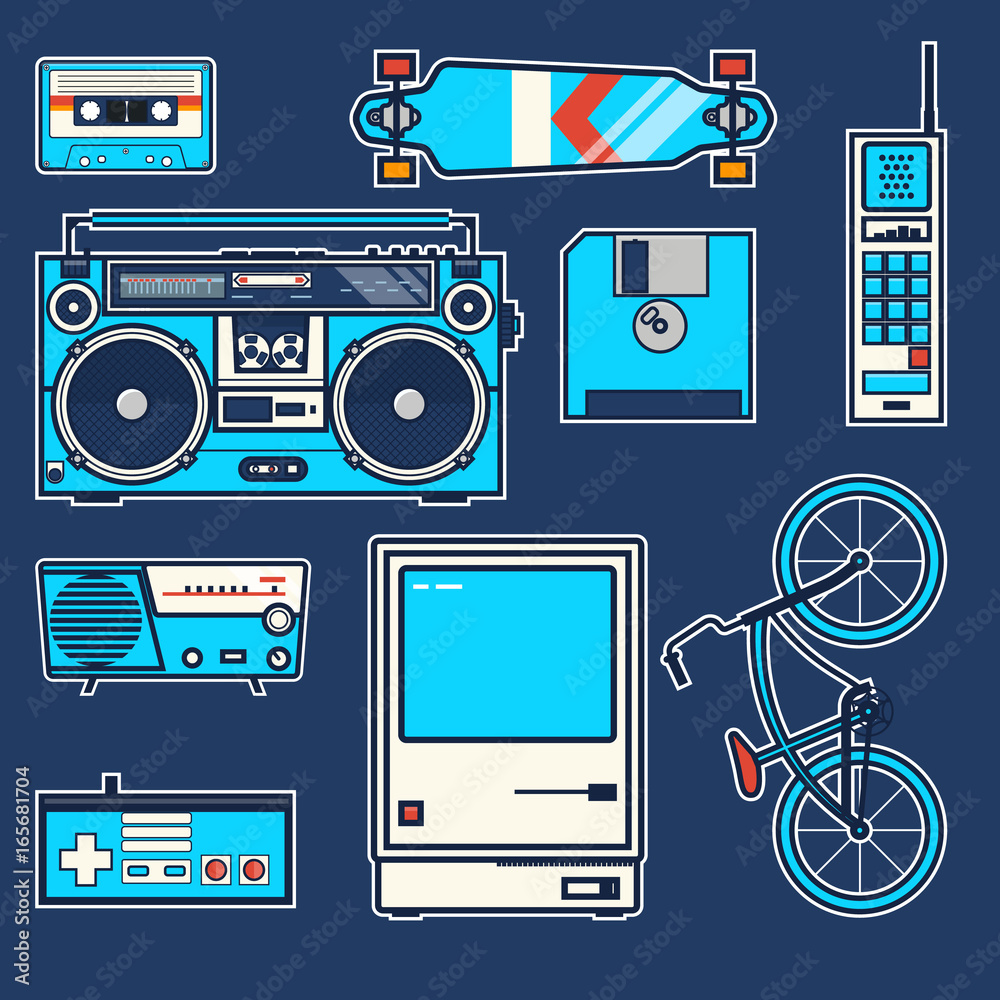 Retro elements bicycle, phone,computer, diskette, skateboard, Joystick ...