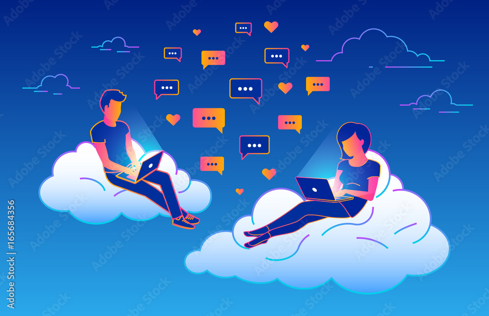 Chat talk concept design of young people using laptops for sending ...