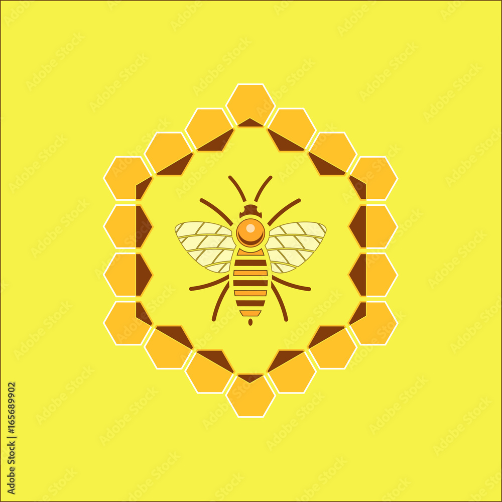 Design emblem of a golden bee on a yellow background of patterns in the ...