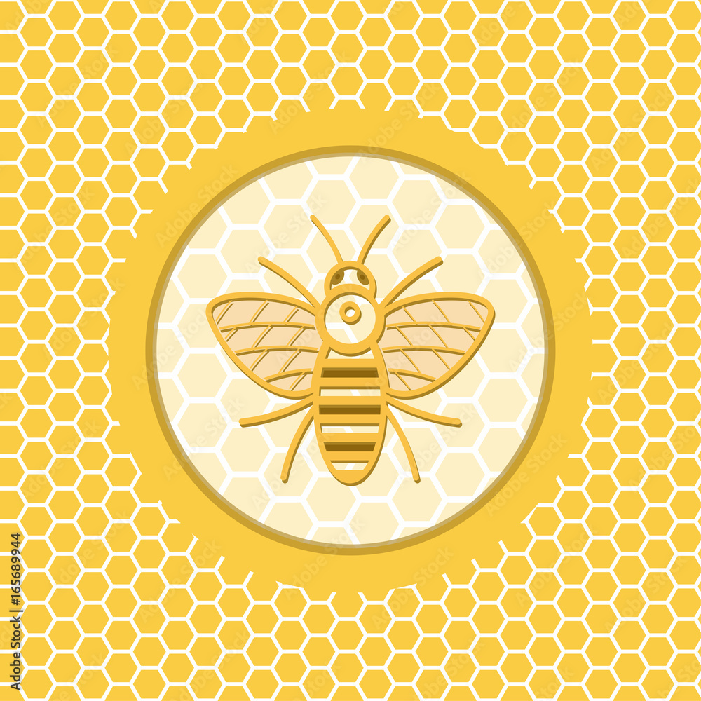 Design of a bee's emblem in a circle against a honeycomb background ...