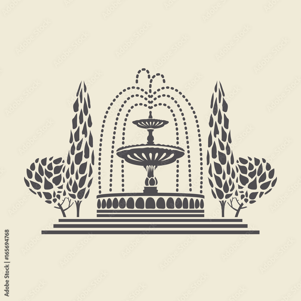 Icon of a stylized vintage Park fountain with steps and trees. Flat ...