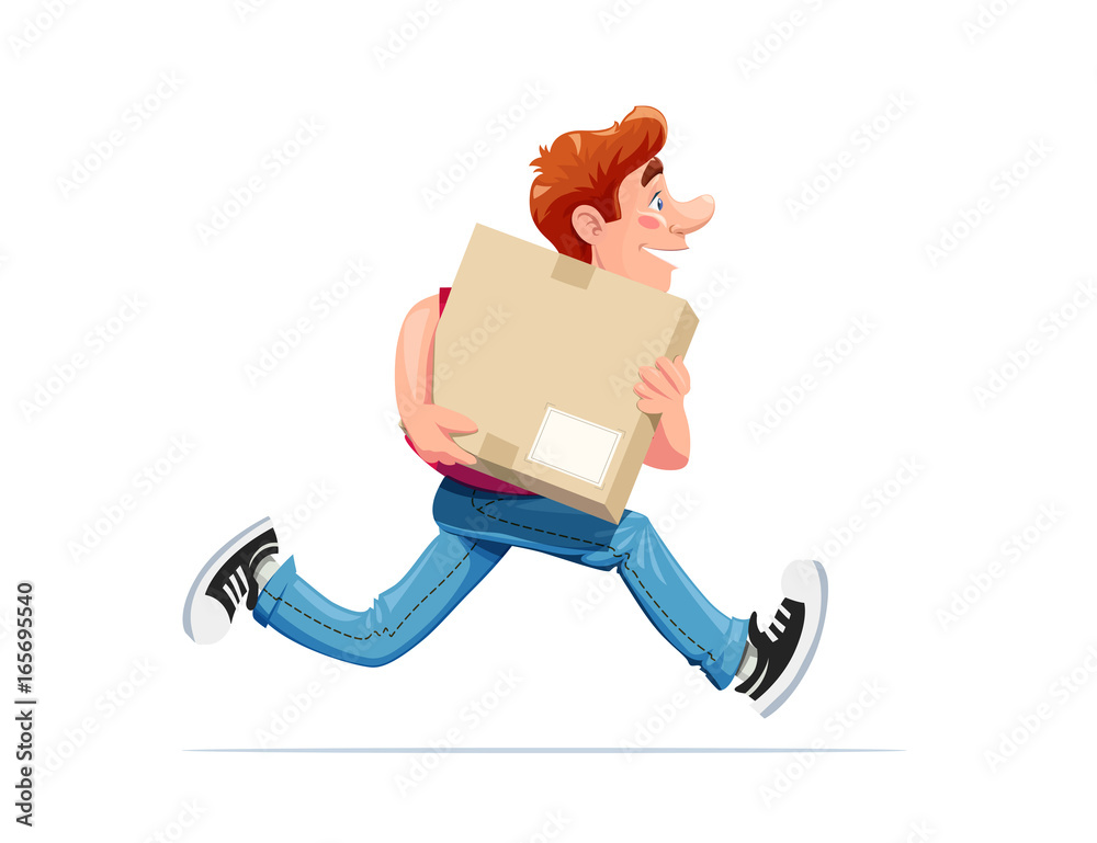 Running boy carry box. Delivery service. Cartoon character. Stock ...