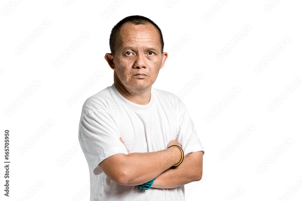 Portrait of a man with down syndrome. Isolated on white background with ...