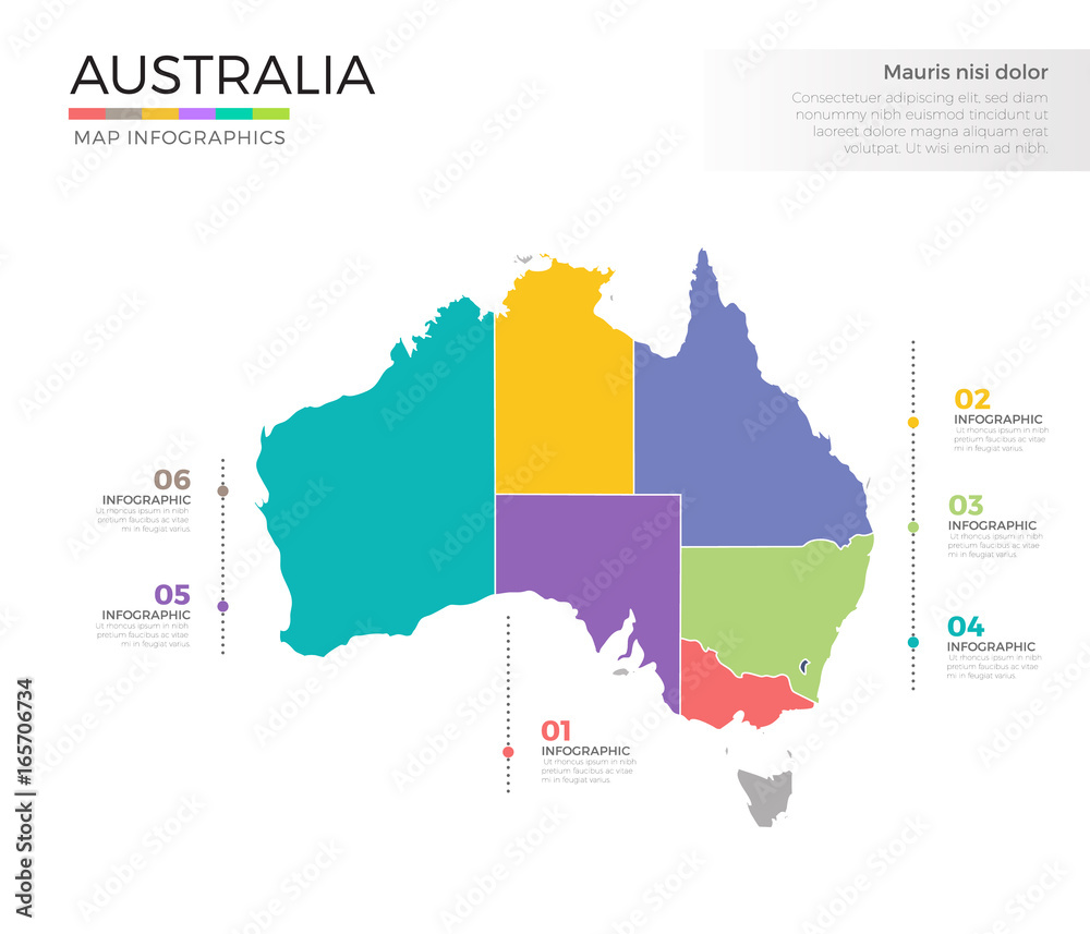 Australia, country map infographic colored vector template with regions ...