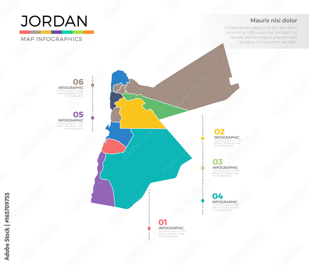 Jordan country map infographic colored vector template with regions and ...