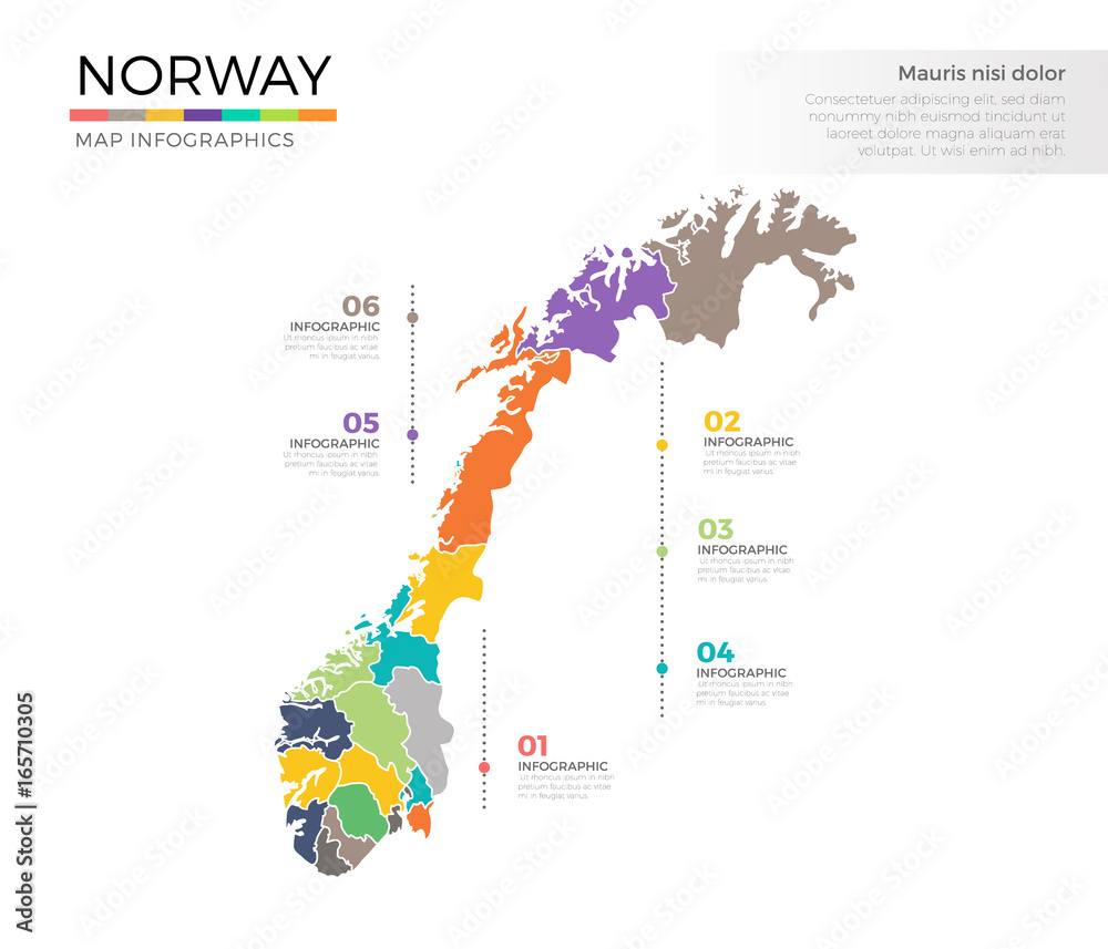 Norway country map infographic colored vector template with regions and ...
