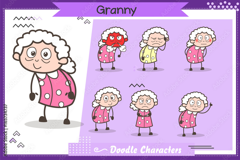 Set of Cartoon Old Grandma Character Various Expressions Vector ...