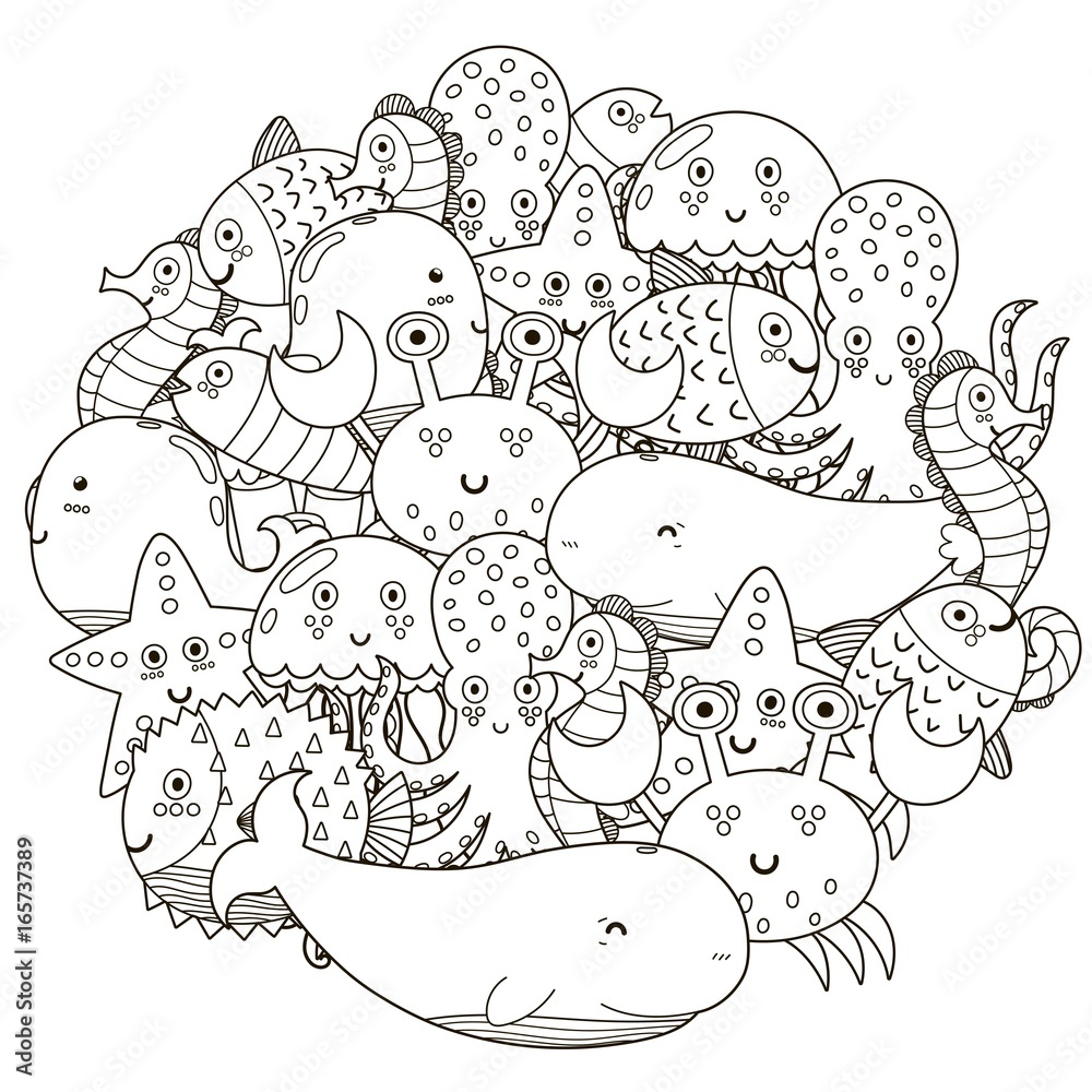 Underwater Circle Shape Pattern For Coloring Book Cute Sea Animals 