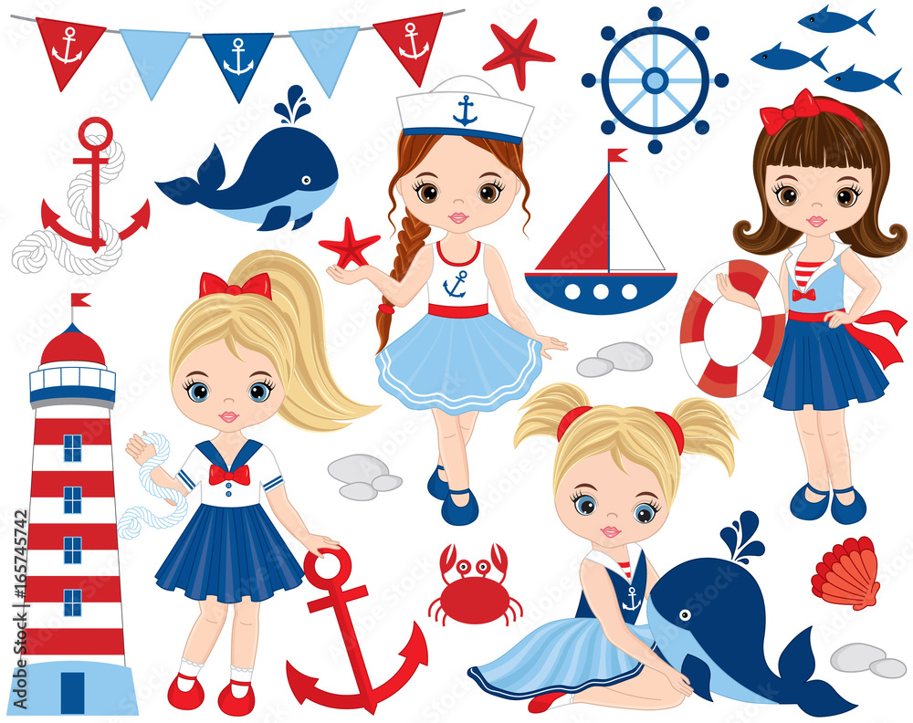 Vector Nautical Set with Cute Little Girls, Whales, Lighthouse, Anchors ...