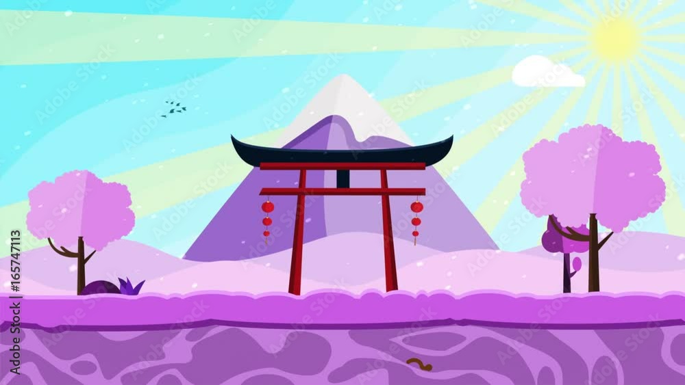 Cartoon Japanese landscape Background Animation Loop with cherry tress ...
