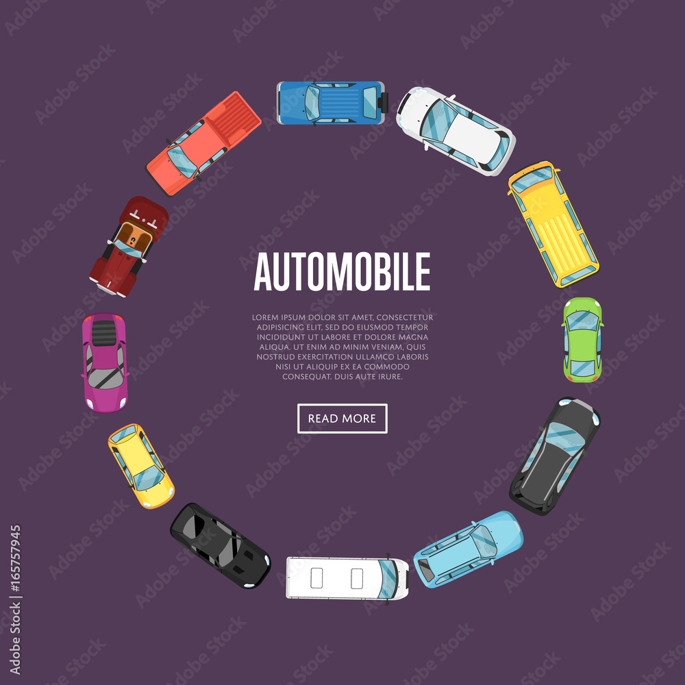 Automobile poster with top view cars in flat style. Urban heavy traffic ...