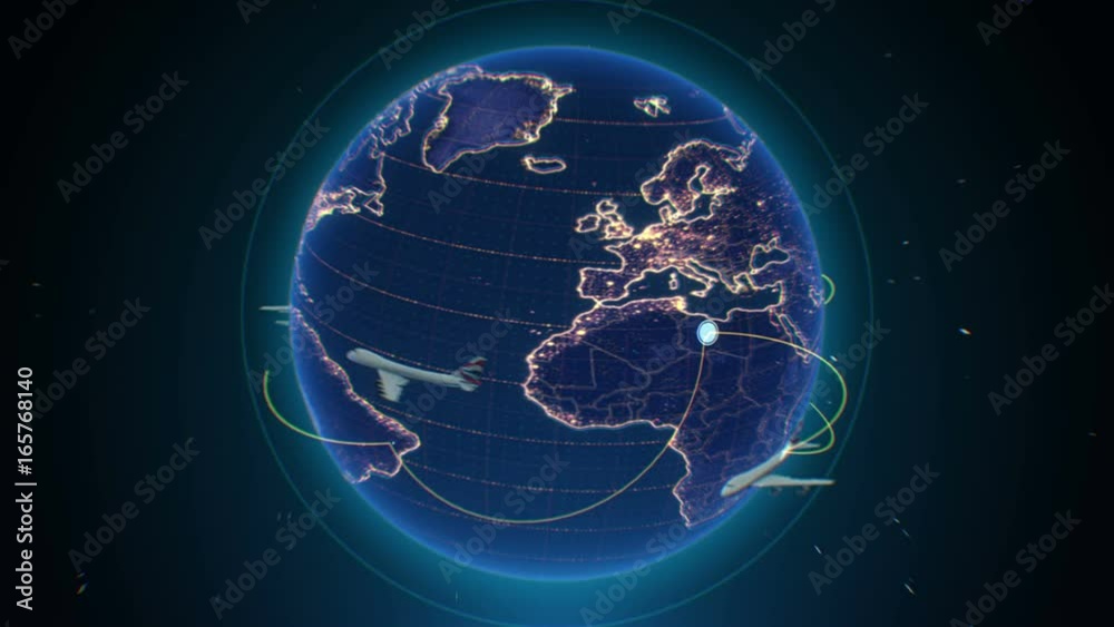 Computer animation of rotating Earth with airplanes flying around ...