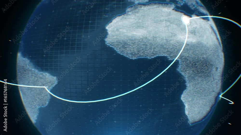 Computer animation of blue spinning Earth with glowing lines growing ...