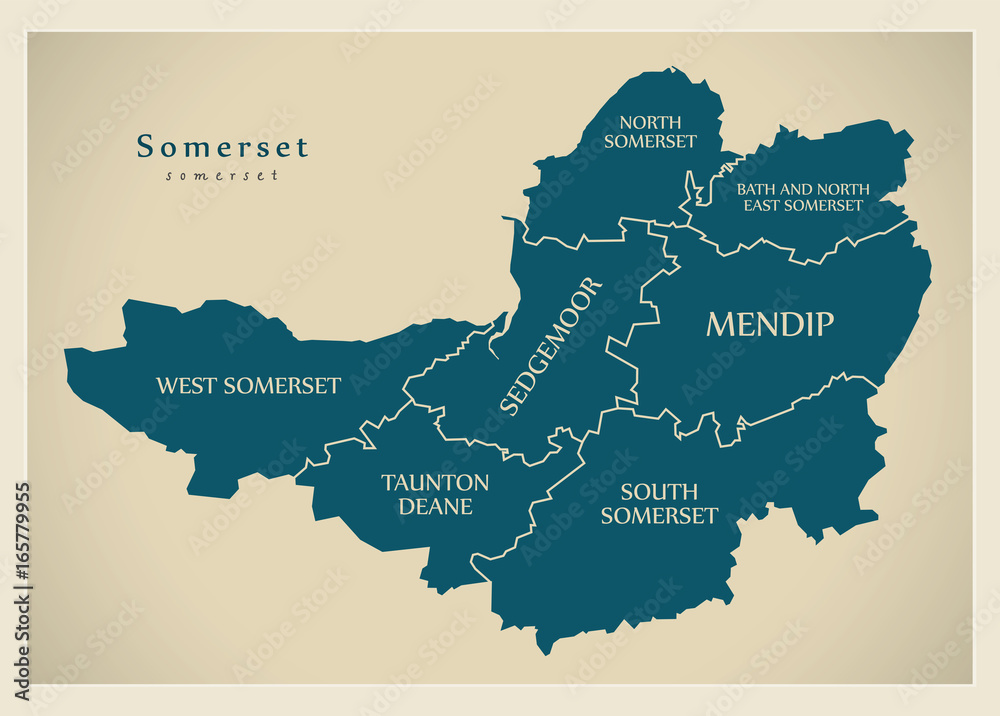Poster Modern Map - Somerset county with district captions England UK ...