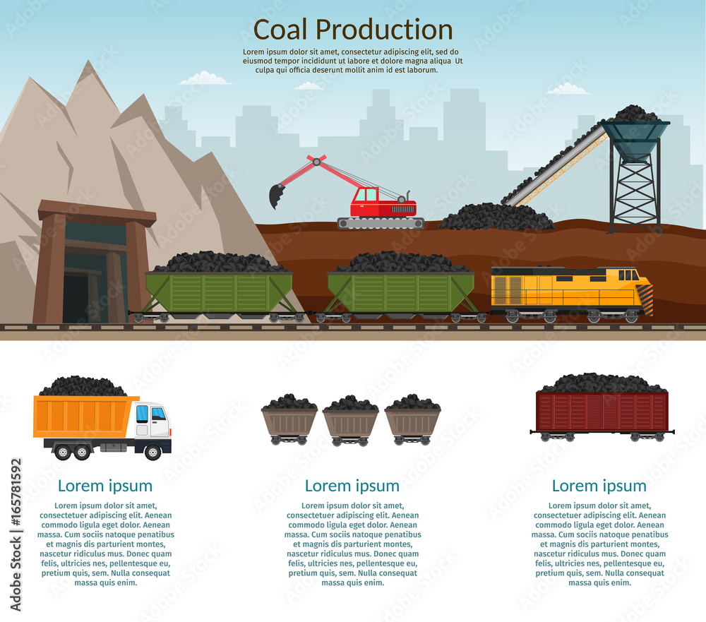 Coal mining industry and transportation set infographics elements ...
