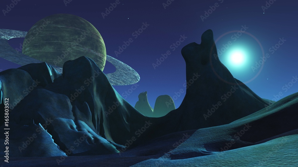 Beautiful alien landscape, a star above the surface of the planet, 3d ...