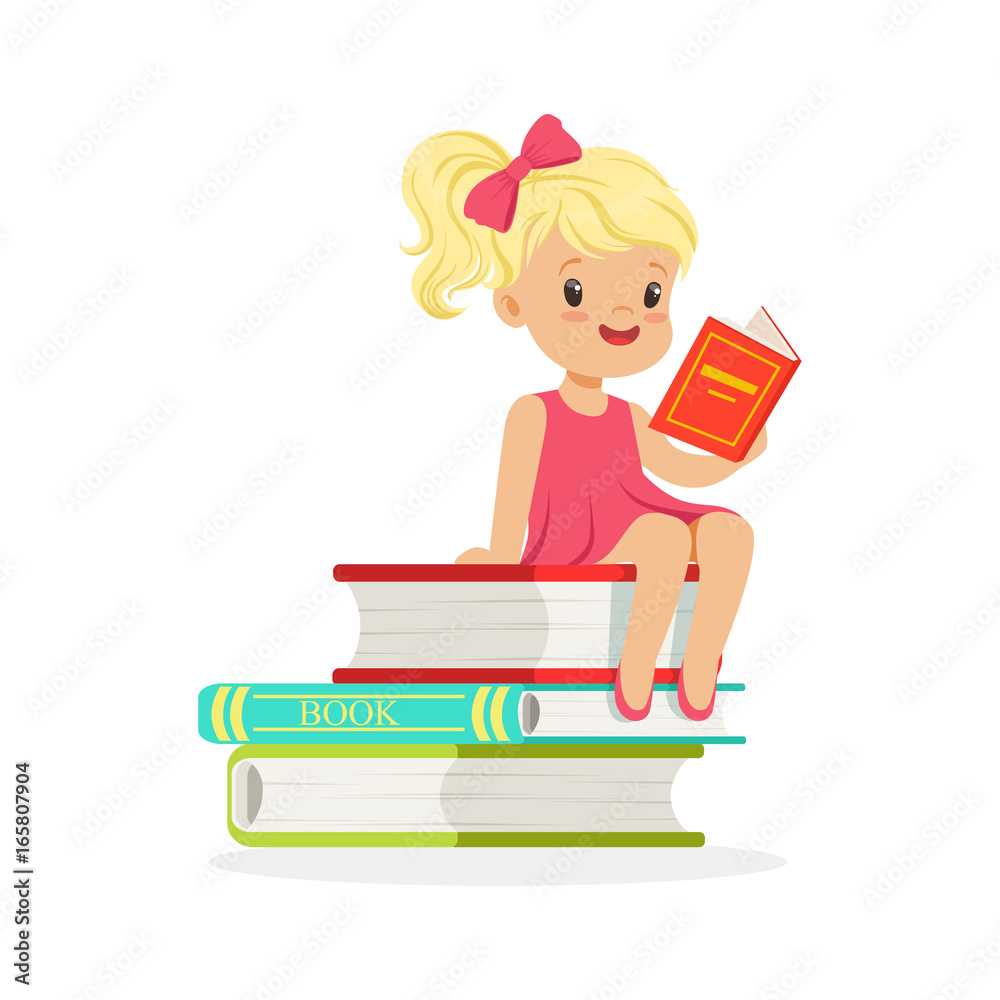 Beautiful blonde girl in pink dress reading a on pile of books, kid ...