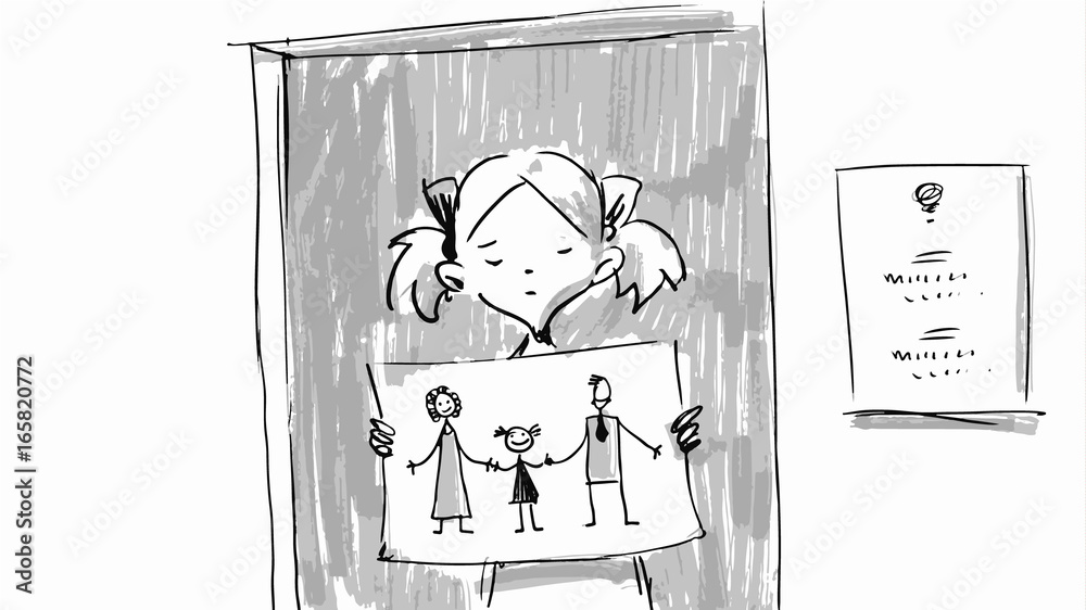Little girl holding a portrait drawing of her family. Hand drawn sketch ...
