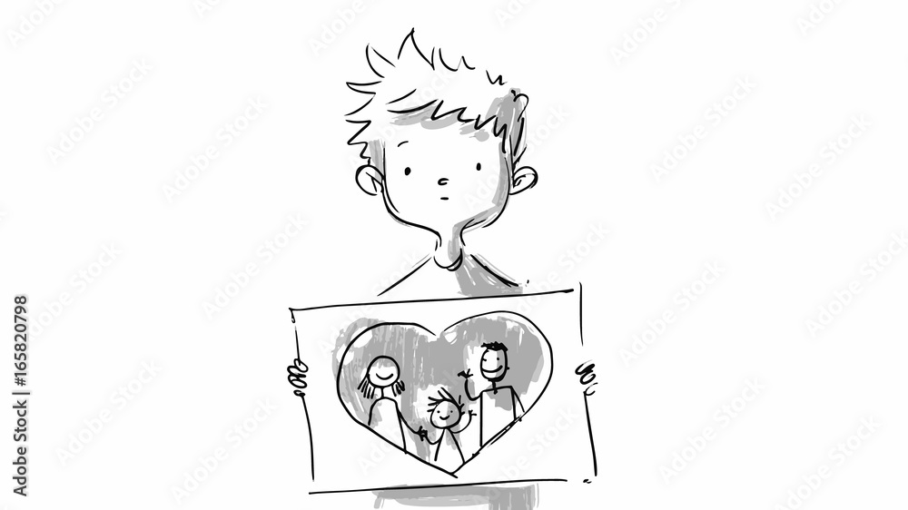 Little girl holding a portrait drawing of her family. Hand drawn sketch ...