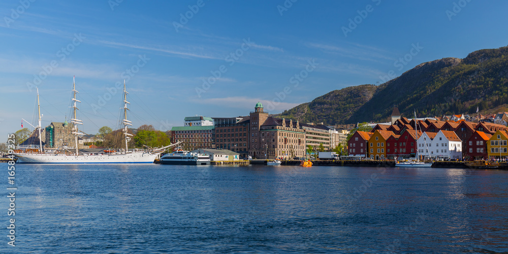 Bergen port and waterfront with the old buildings of the historic city ...