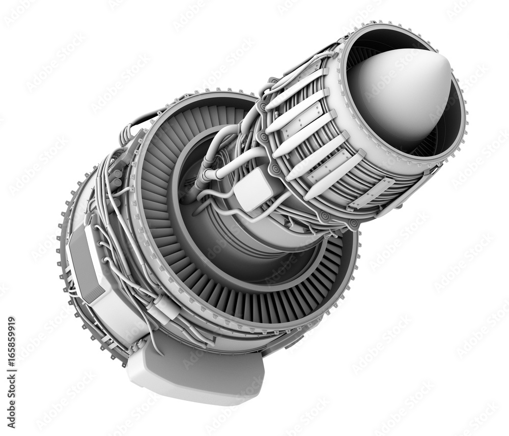 3D clay render of turbofan jet engine isolated on white background. 3D ...