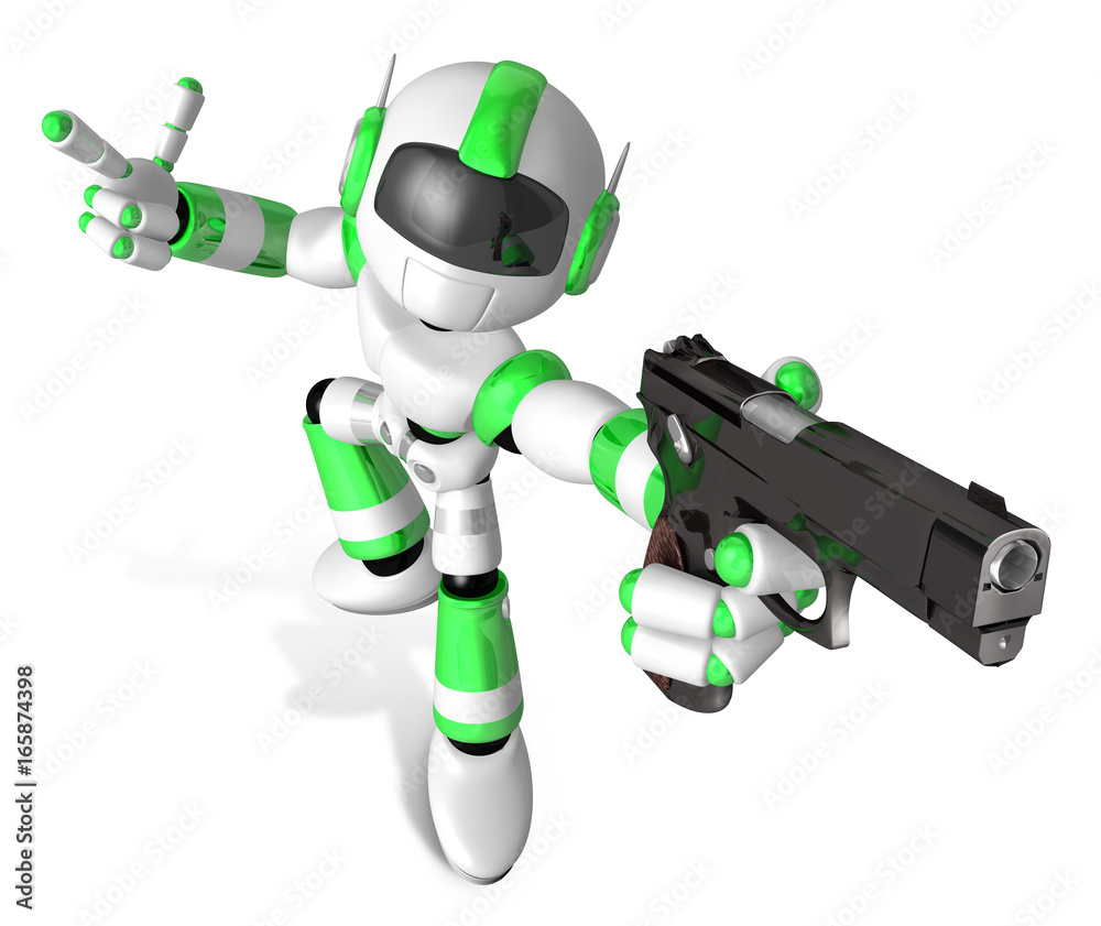 3D Green Mascot robot is holding a Automatic pistol pose. Create 3D ...