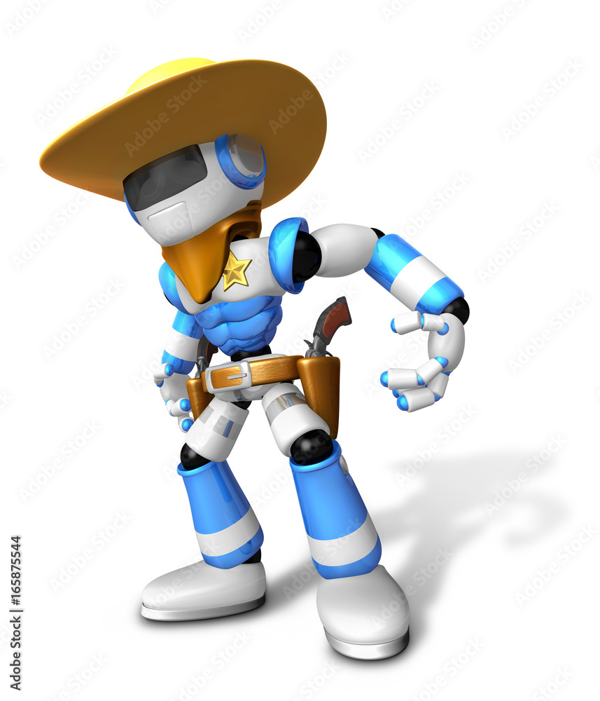 3D blue Robot Sheriff is taking pose a gunfight. Create 3D Humanoid ...