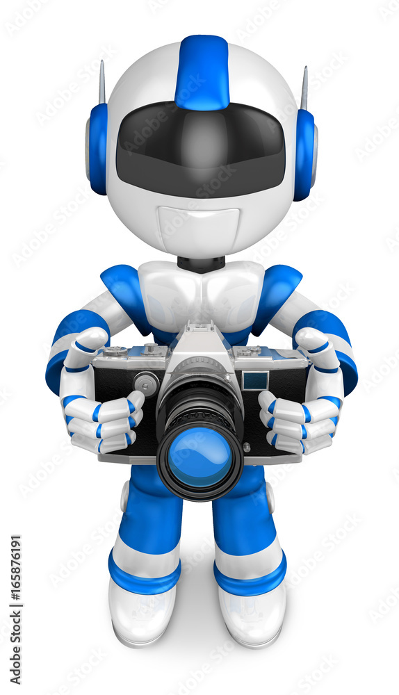Blue robot character the front to shoot the camera toward. Create 3D ...