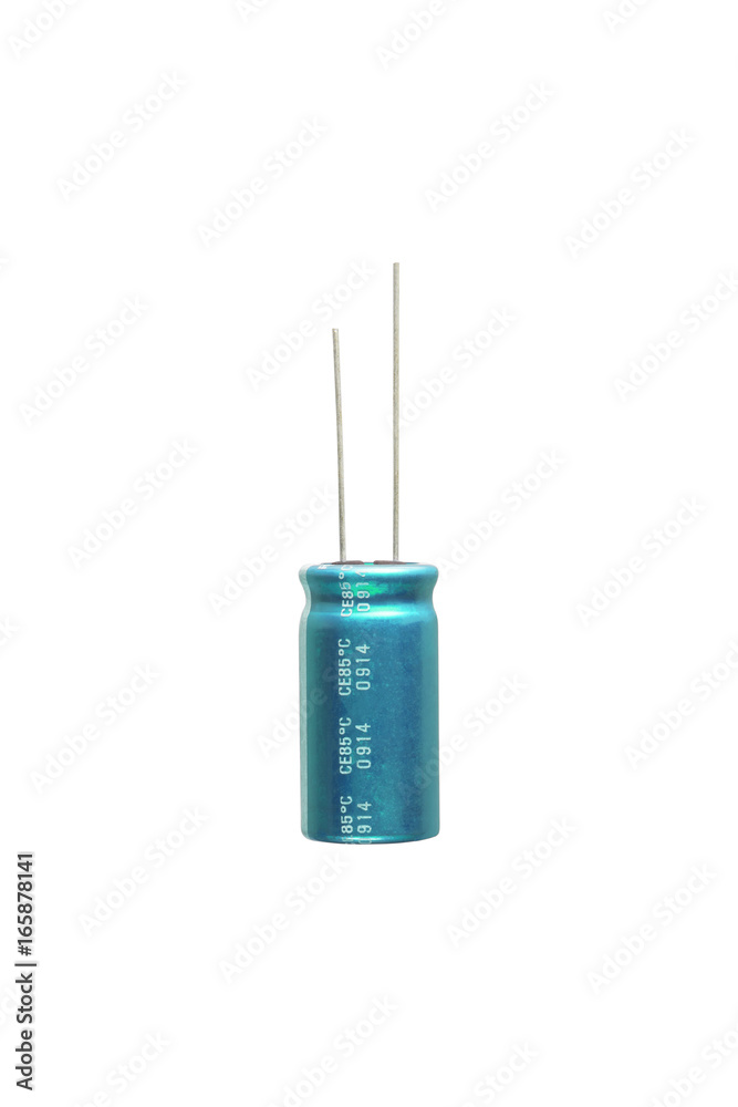 Blue electrolytic capacitor Isolated on white background, Electronics ...