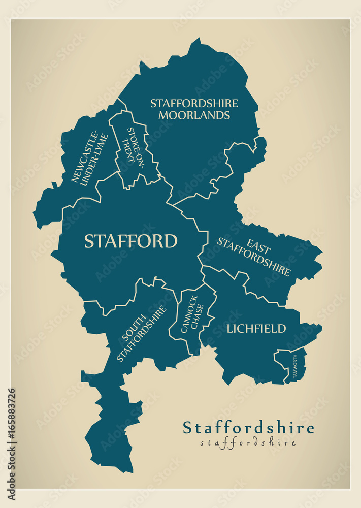 Modern Map - Staffordshire county with district captions England UK ...