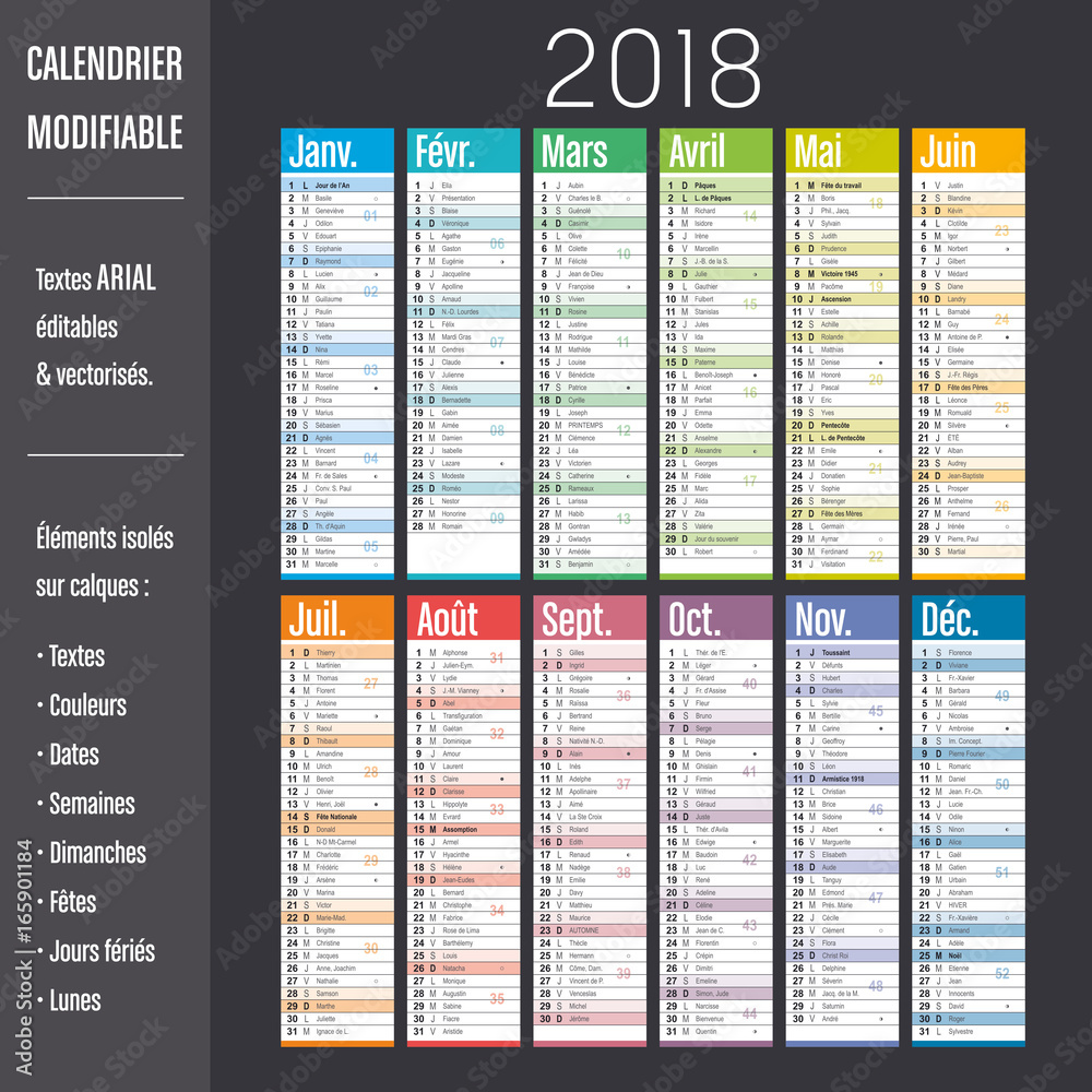 Calendrier 2018 modifiable (éléments isolés sur calques, textes en ...