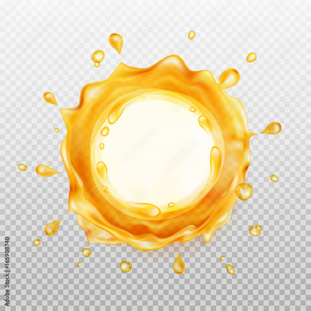 Juice frame. Transparent orange liquid splash. Water, honey, oil, juice ...