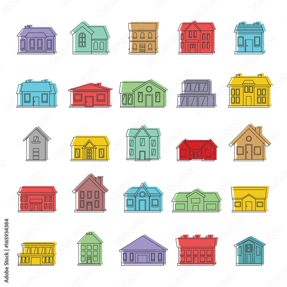 House doodle icons set. Doodle buildings vector illustration for design ...