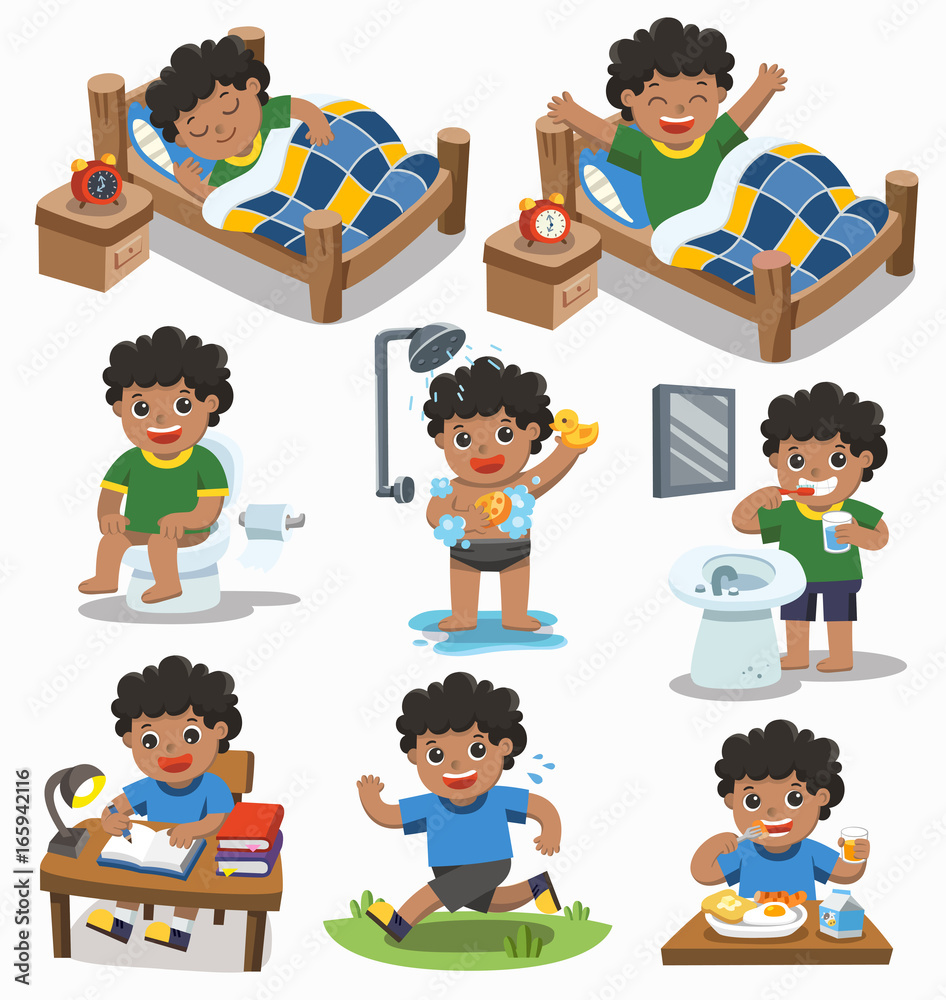 The daily routine of African american boy on a white background. [sleep ...
