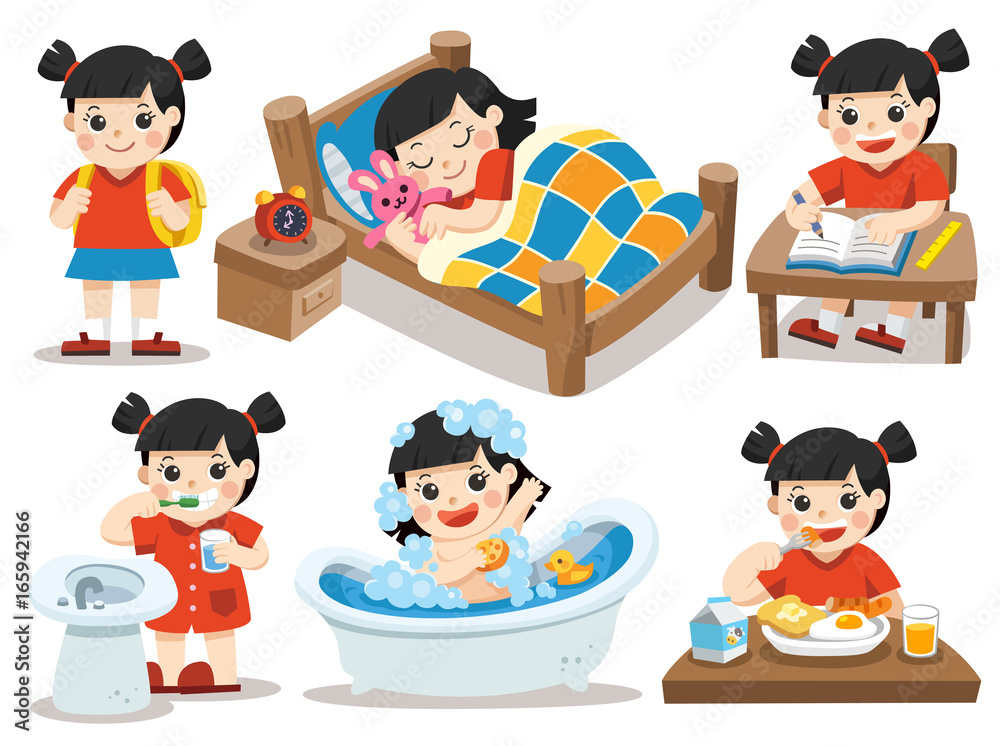 The daily routine of Asian girl on a white background. [sleep, brush ...