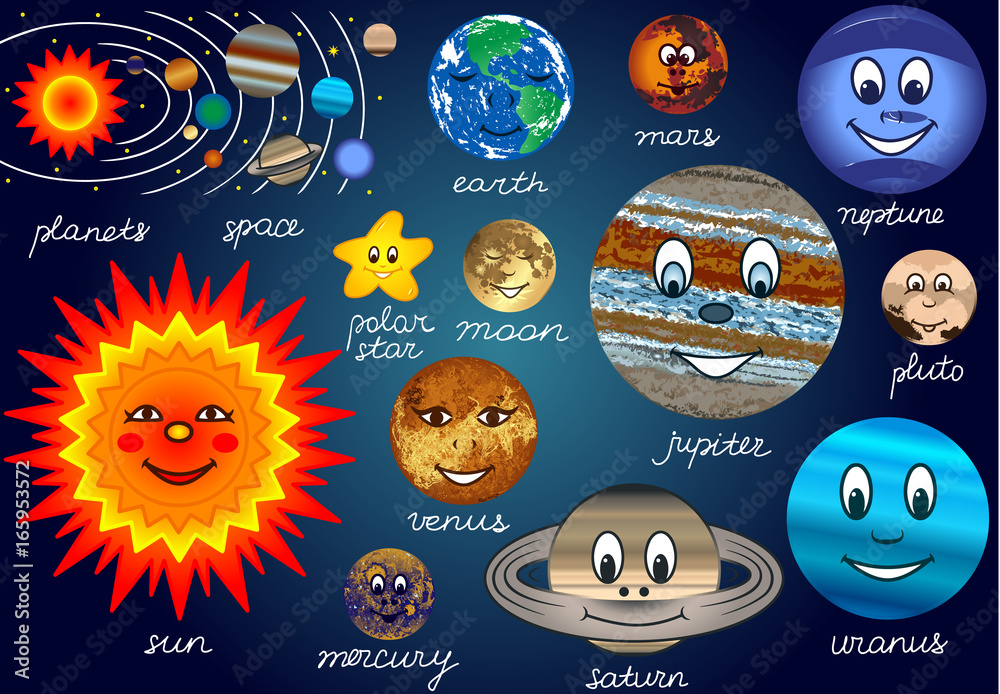 Smileys planets vector cute colored illustration sketch sun moon star ...