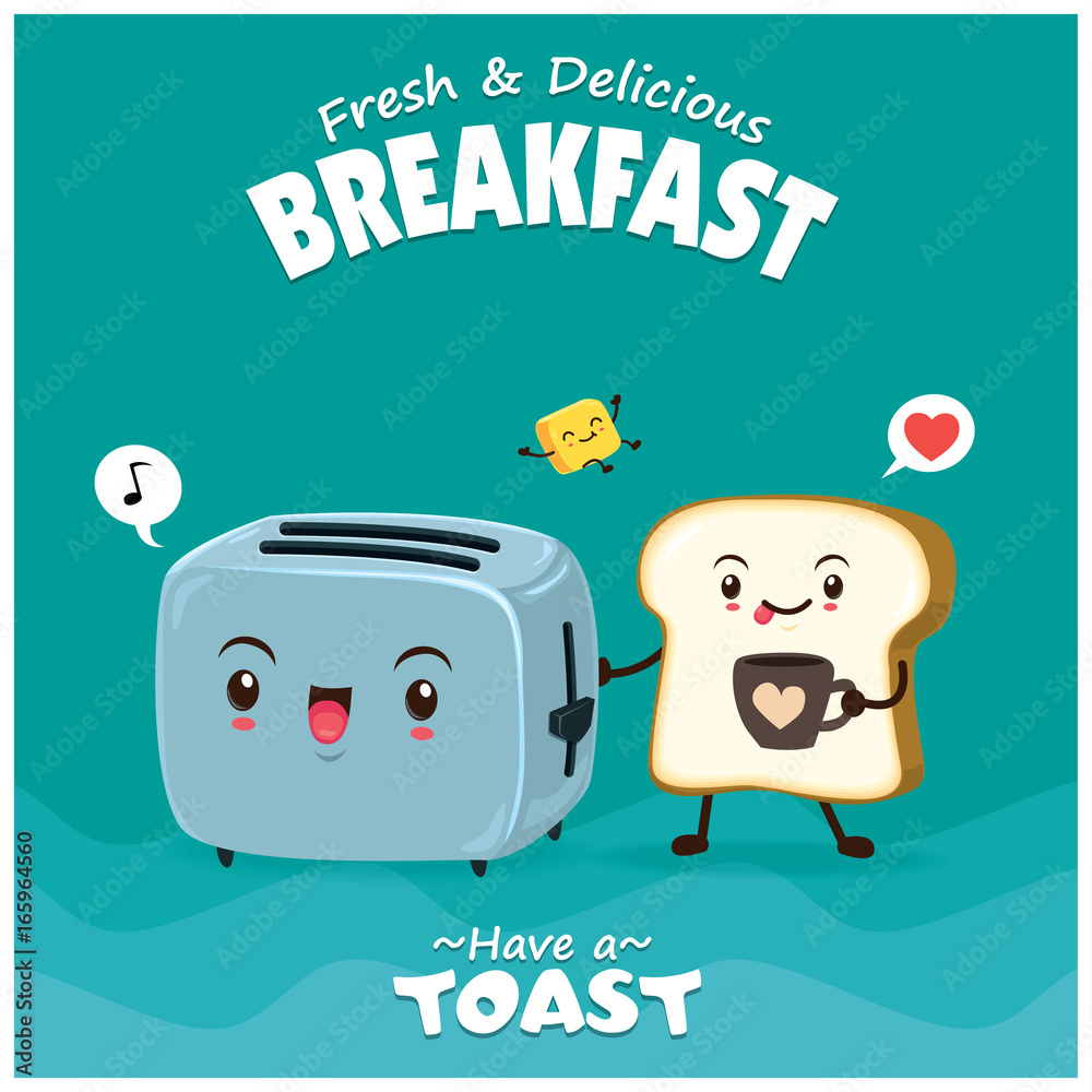 Vintage food poster design with bread, butter & toaster character ...