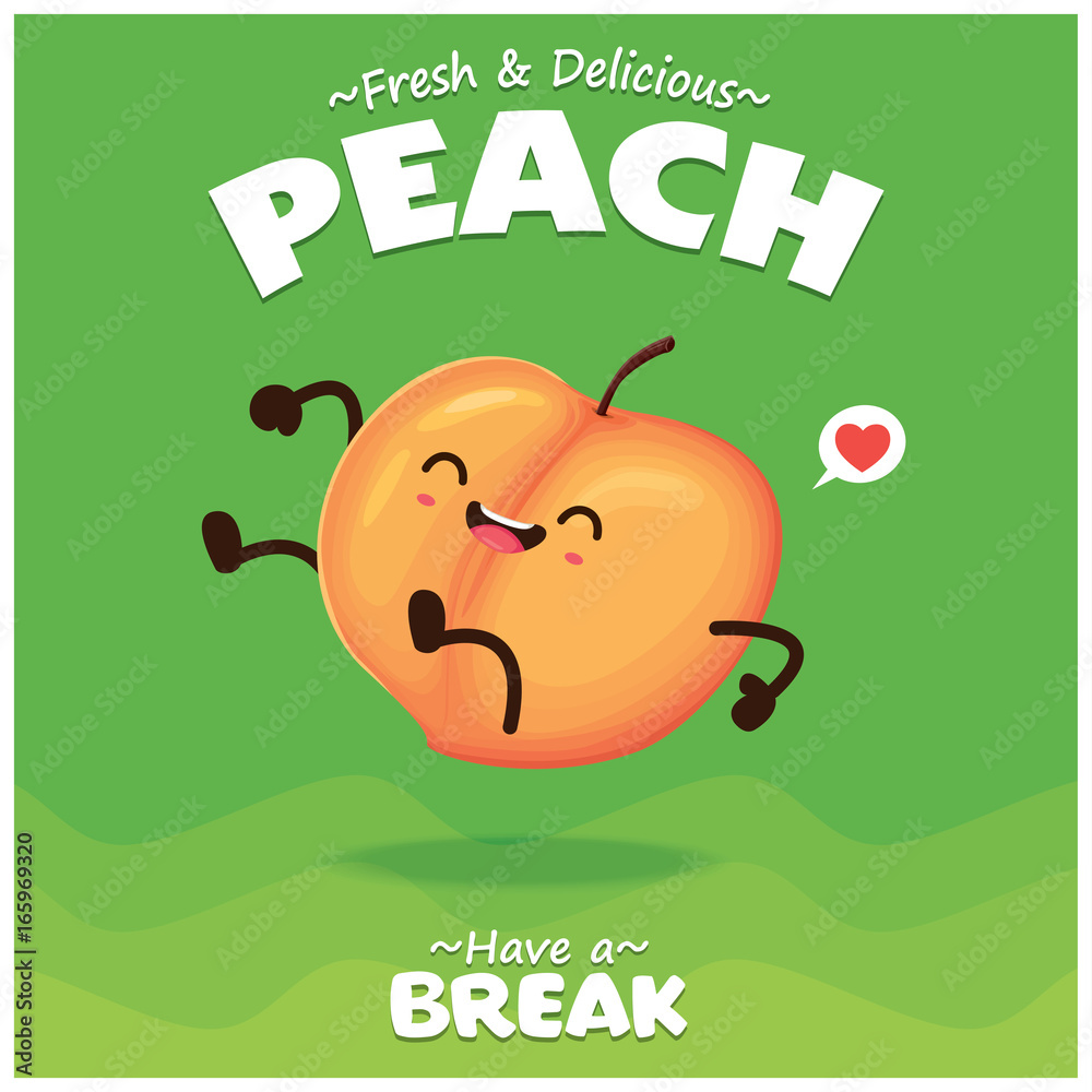 Vintage peach poster design with vector peach character. Stock Vector ...