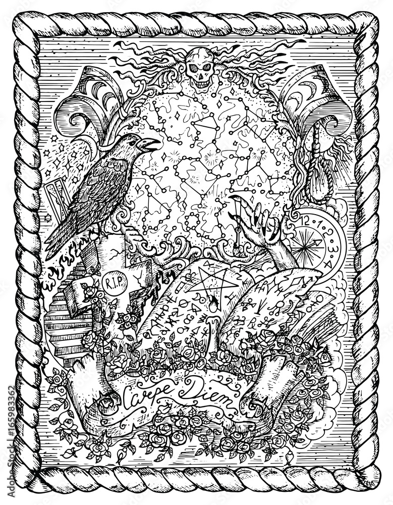 Mystic drawing with magic book, zodiac constellations and spiritual ...