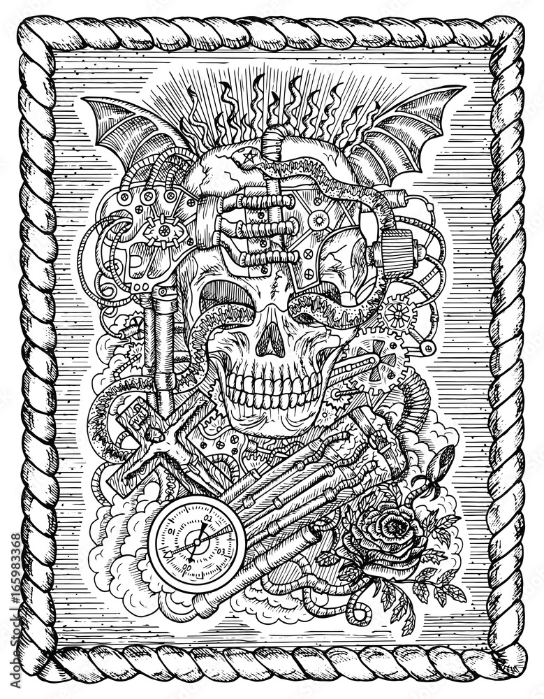 Black and white mystic drawing with scary skull, steampunk and gothic ...