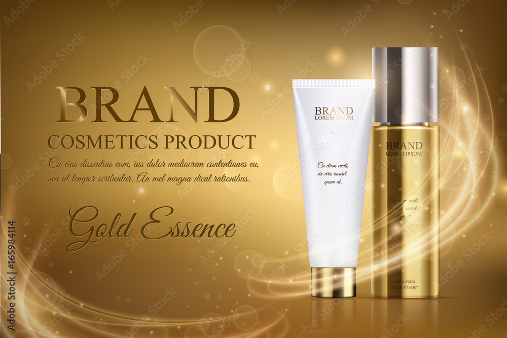 A beautiful cosmetic ads template, golden bottle hair oil with white ...